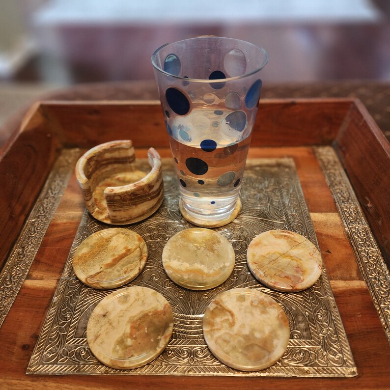 Marble Coasters 6 Piece Set With Holder Padded Bottom Round and Elegant ...