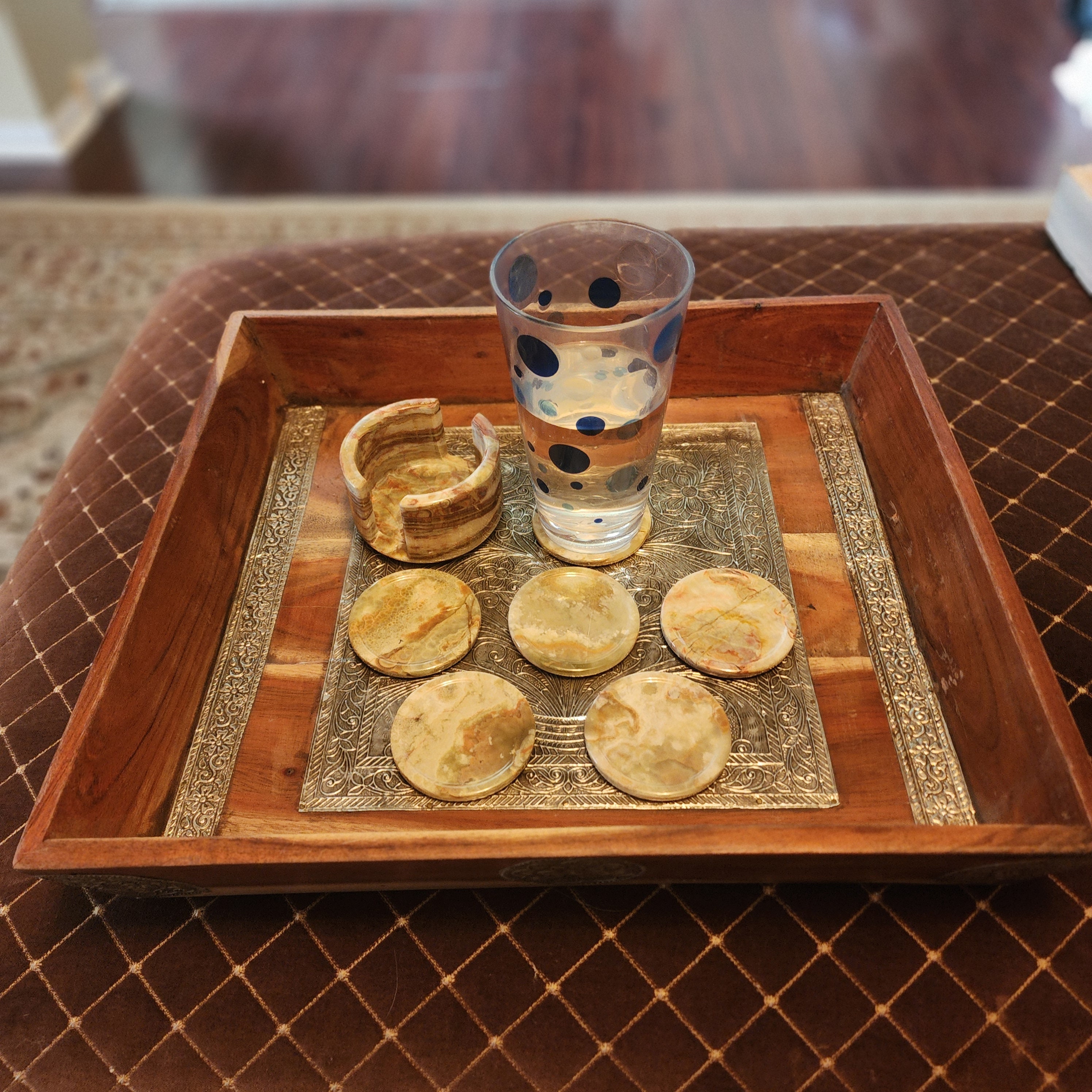 Marble Coasters 6 Piece Set With Holder Padded Bottom Round and Elegant ...