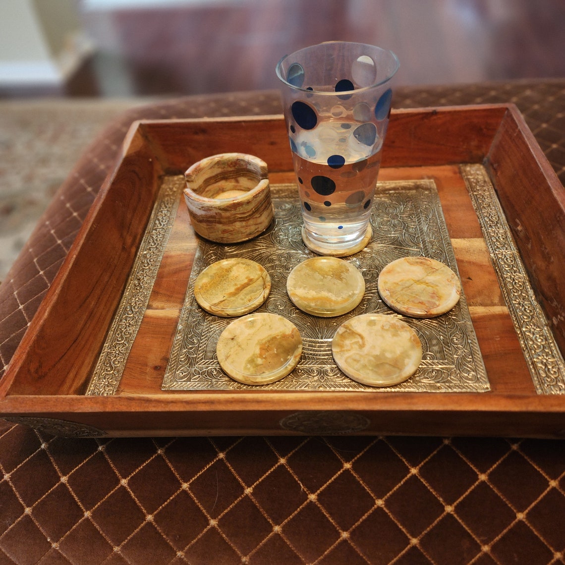 Marble Coasters 6 Piece Set With Holder Padded Bottom Round and Elegant ...