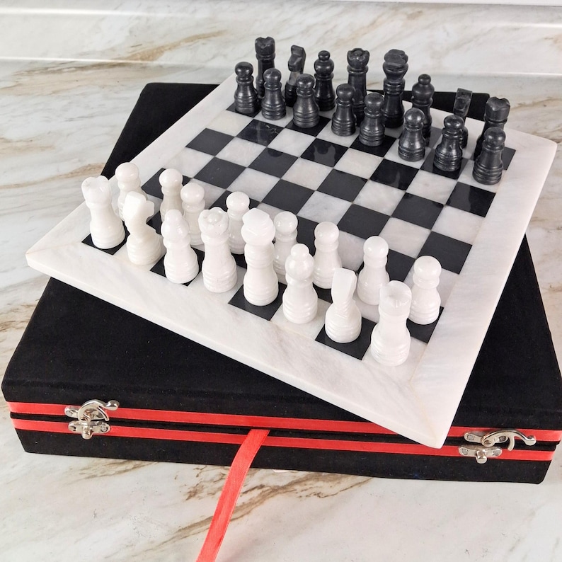 Handmade Marble Chess Set, 12" Stone Chess Board & Pieces With Velvet ...