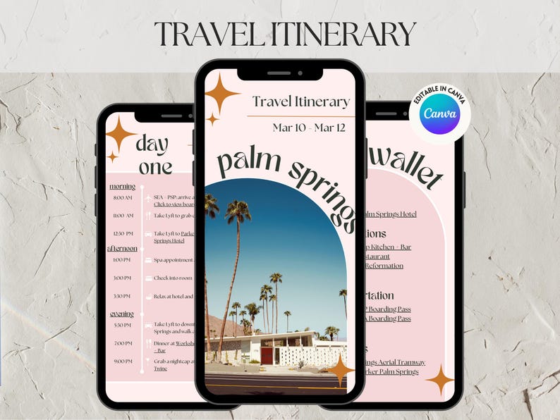 Palm Springs Digital Travel Itinerary, Mobile Template, Customizable ...