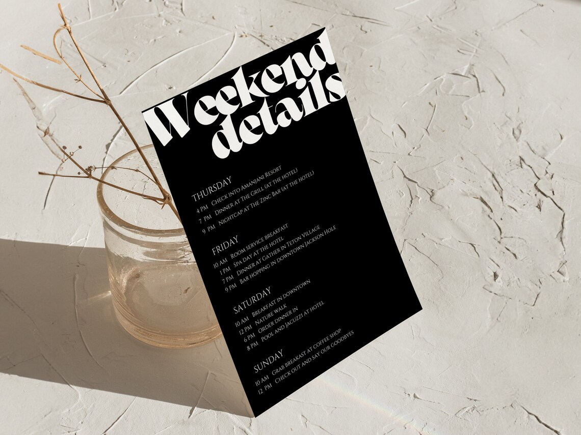Modern Black & White Bachelorette Party Invite Template, Itinerary ...