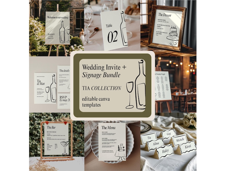 Modern Wedding Invitation and Signage Bundle, Hand-drawn Style (digital ...