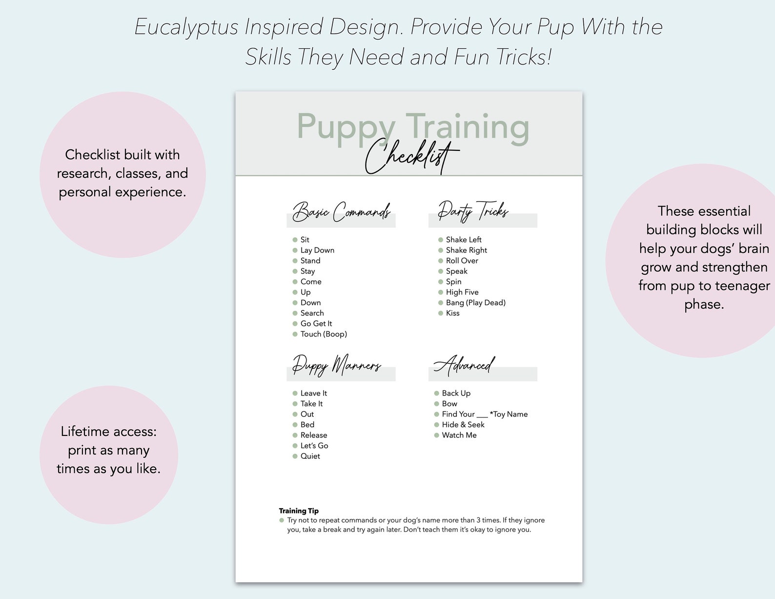 Puppy Training Checklist | Dog Basic Commands & More | Printable PDF - Etsy