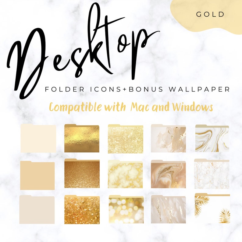 Gold Desktop Folder Icons, PC & Macbook, Plus Bonus Wallpaper (instant ...
