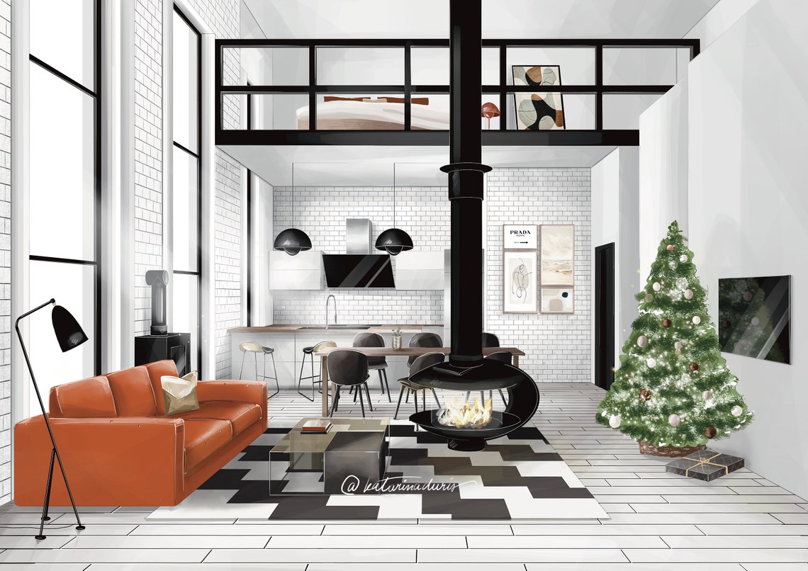 Custom Interior Sketch, Hand-drawn 3D Rendering, 3D Visualization ...