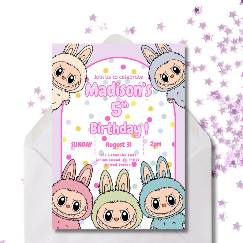 Labubu Birthday Invitation Editable | Cute Monster Party Invite ...
