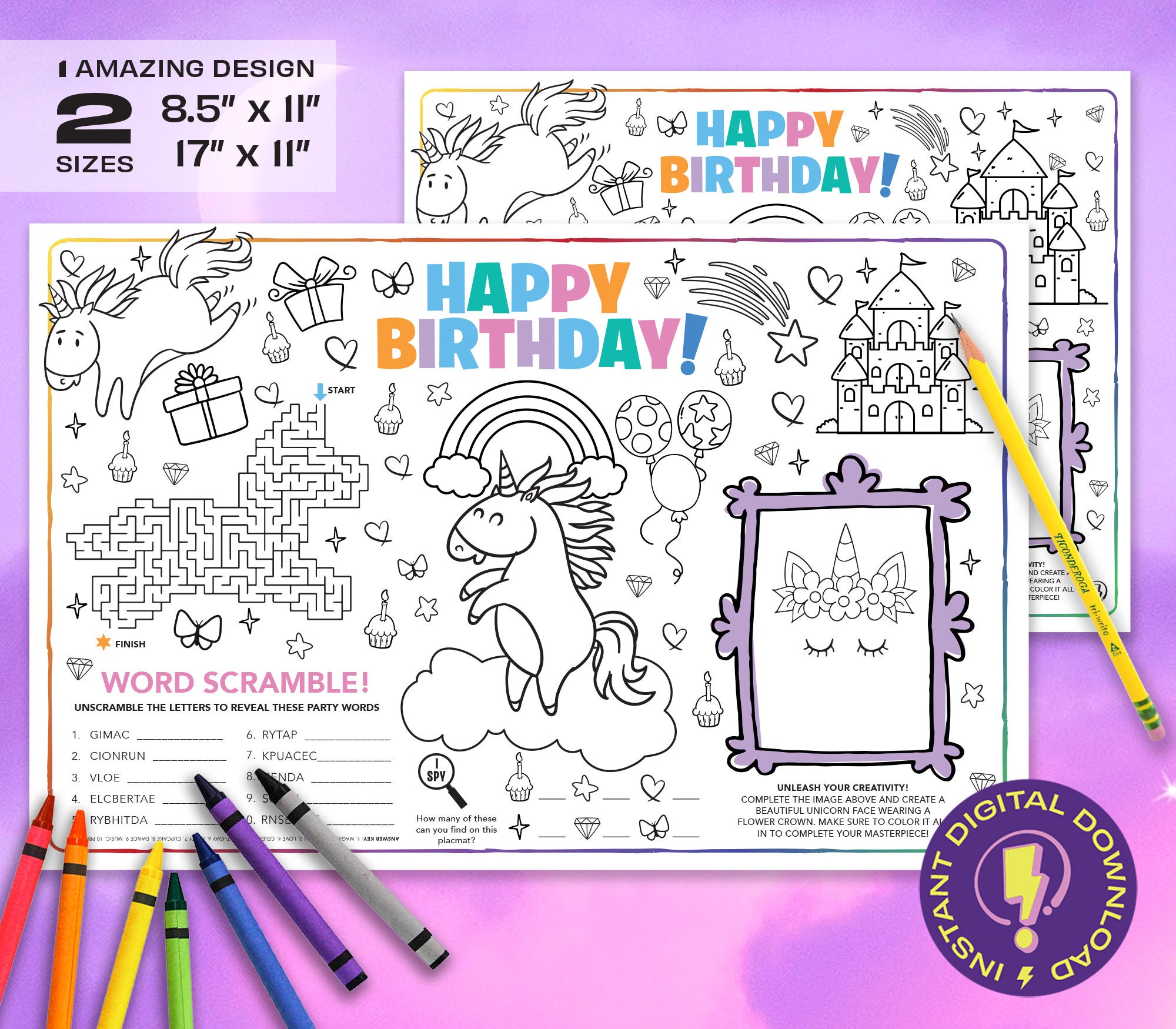 Printable Unicorn Birthday Activity Placemat | Unicorn Coloring Page ...
