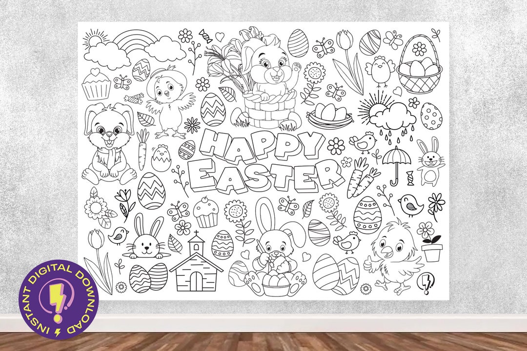 Giant Cute Easter Doodle Coloring Poster | Large Easter Bunny Coloring ...