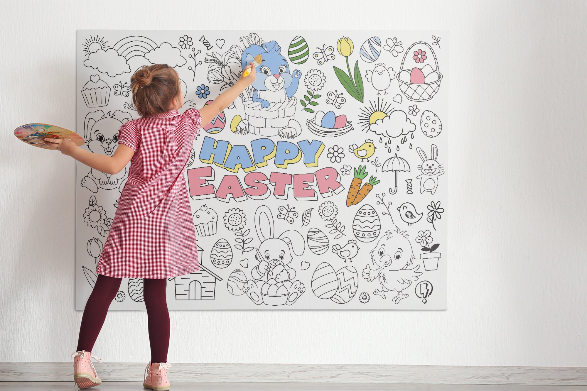 Giant Cute Easter Doodle Coloring Poster | Large Easter Bunny Coloring ...
