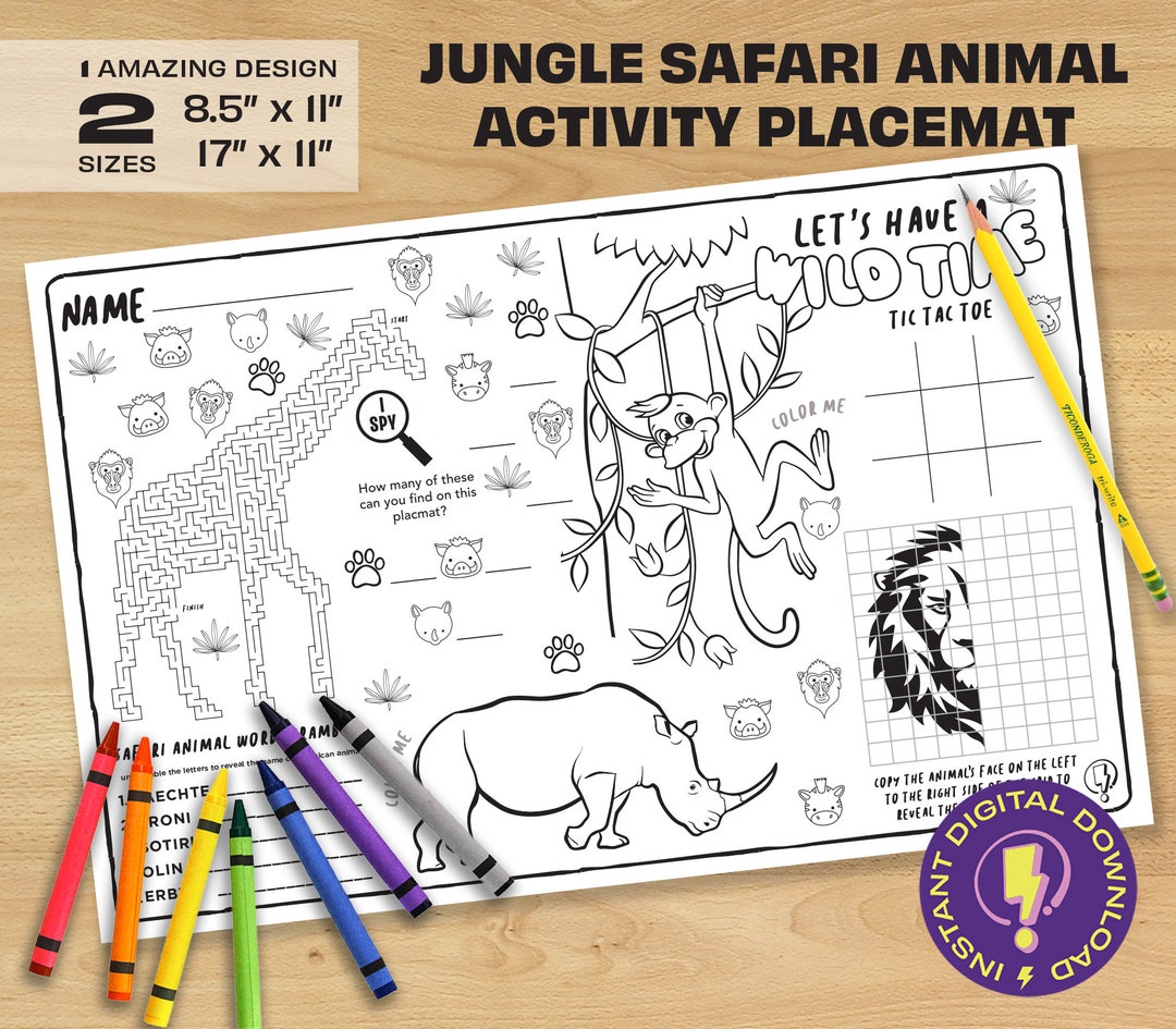 Printable Jungle Safari Party Placemat | Kids Birthday Coloring ...