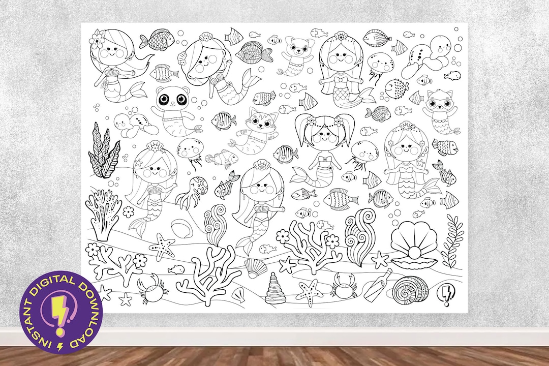 Giant Cute Mermaid Party Coloring Poster | Large Ocean Creature ...