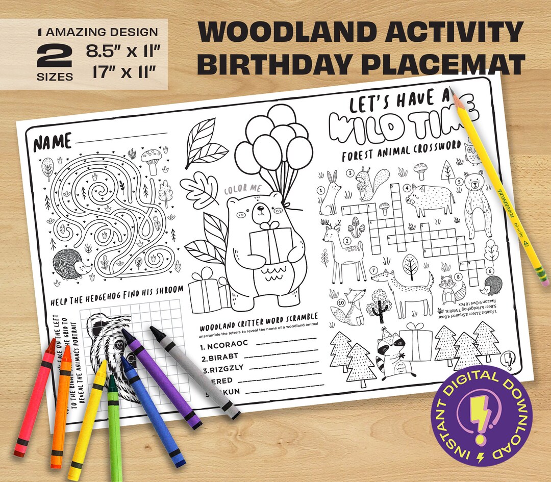 Printable Woodland Animal Birthday Activity Placemat | Forest Animal ...