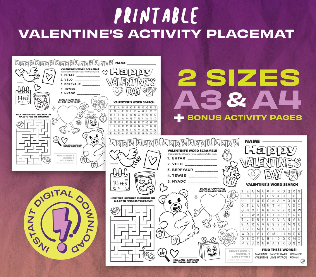 Printable Valentines Day Activity Placemats for Kids | Bonus Activity ...