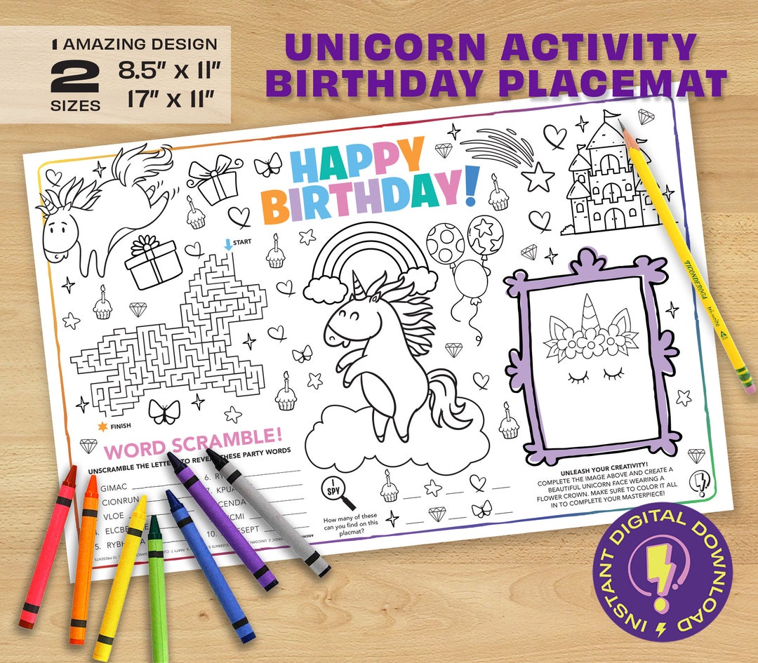 Printable Unicorn Birthday Activity Placemat | Unicorn Coloring Page ...