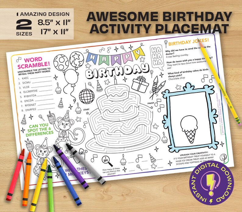 Printable Kids Birthday Activity Placemat Party Coloring Page & Puzzles ...