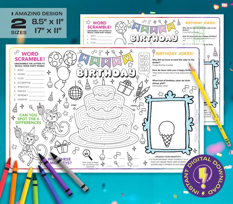 Printable Kids Birthday Activity Placemat | Party Coloring Page ...