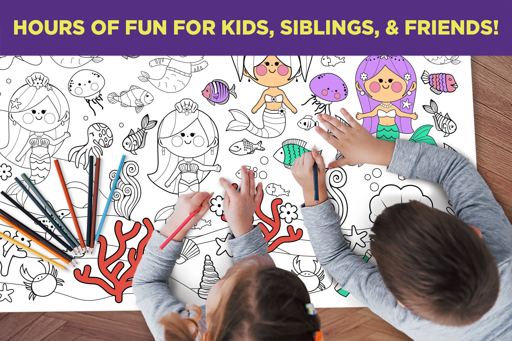 Giant Cute Mermaid Party Coloring Poster Large Ocean Creature Coloring ...