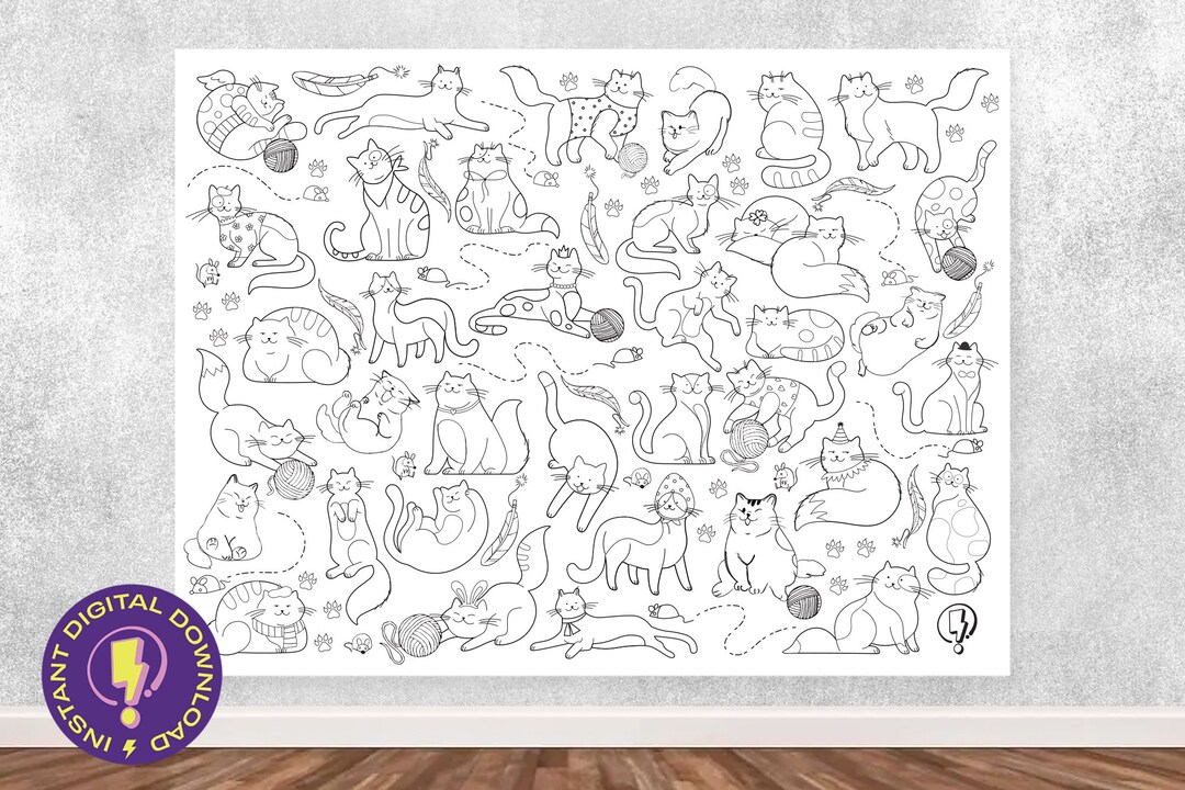 Giant Cute Cat Doodles Coloring Poster | Printable Collaborative ...