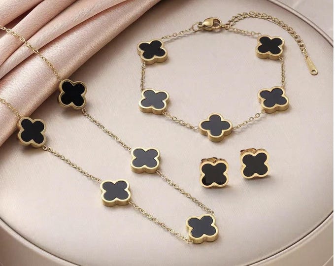 Lucky Clover Jewelry Set: 18K Gold Plated Stainless Steel Flower Design ...