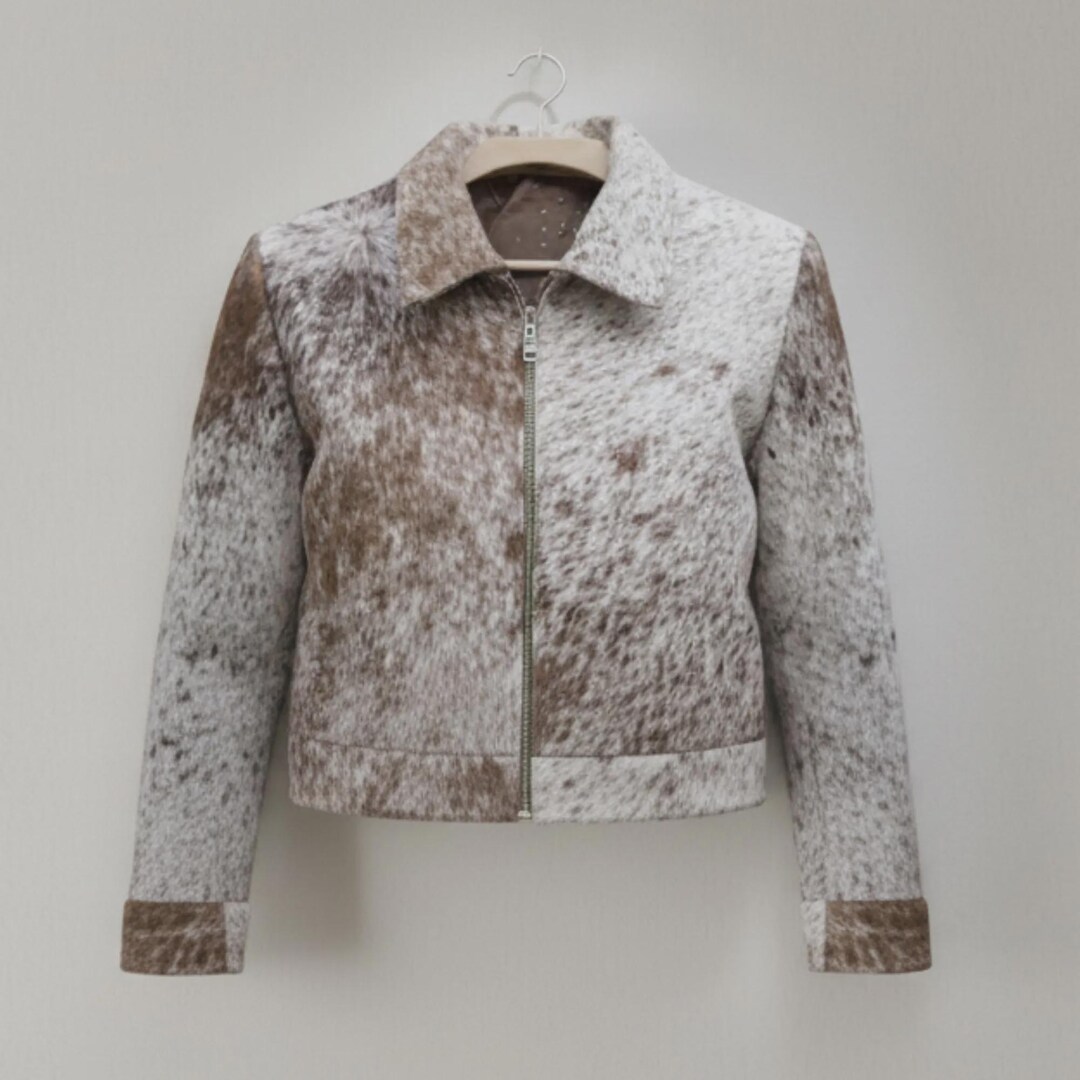 Hair on Cowhide Leather Jacket, Brown and White Cow Print Coat, Western ...