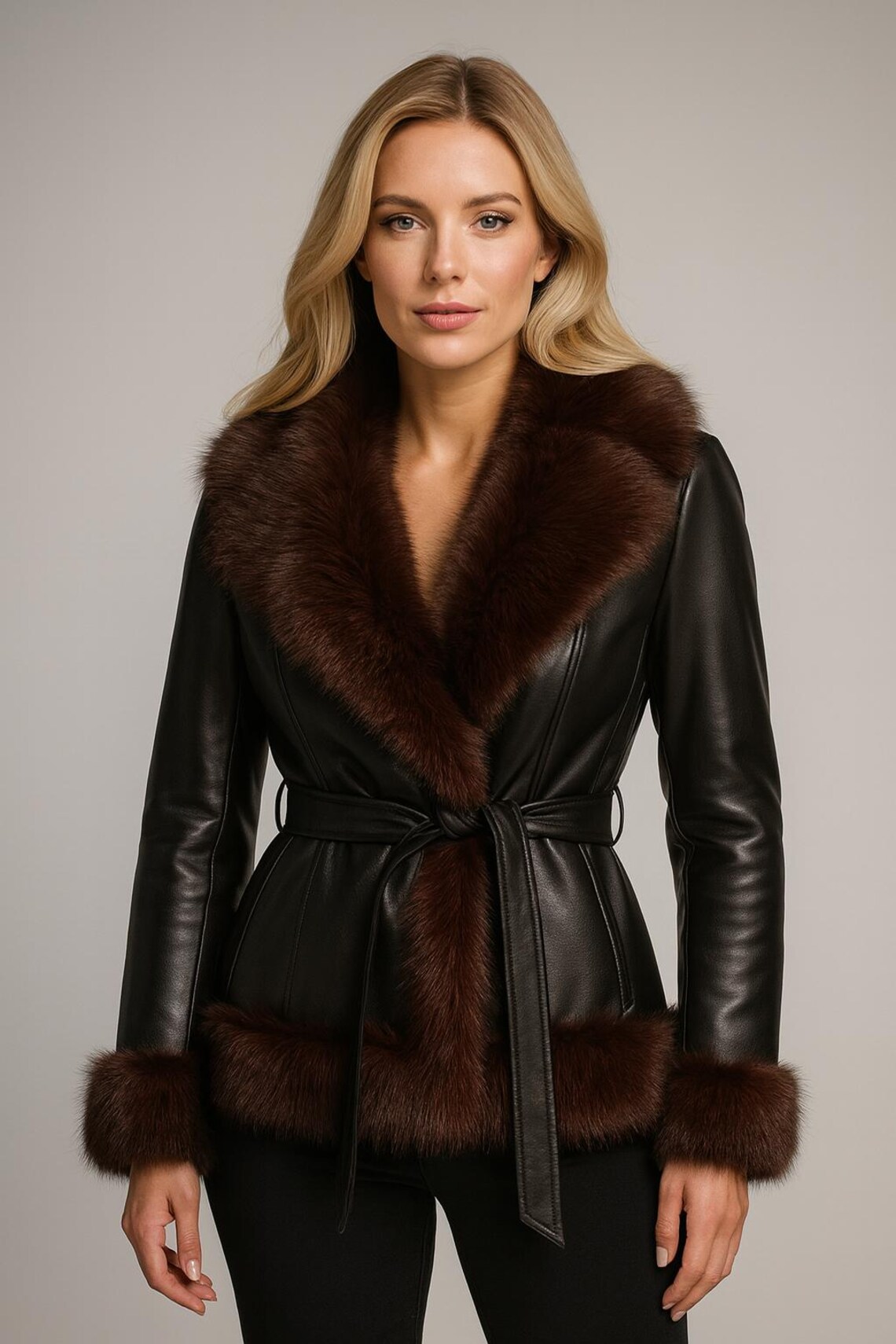 Faux Leather Jacket With Faux Fur Trim – Women's Belted Winter Coat - Etsy