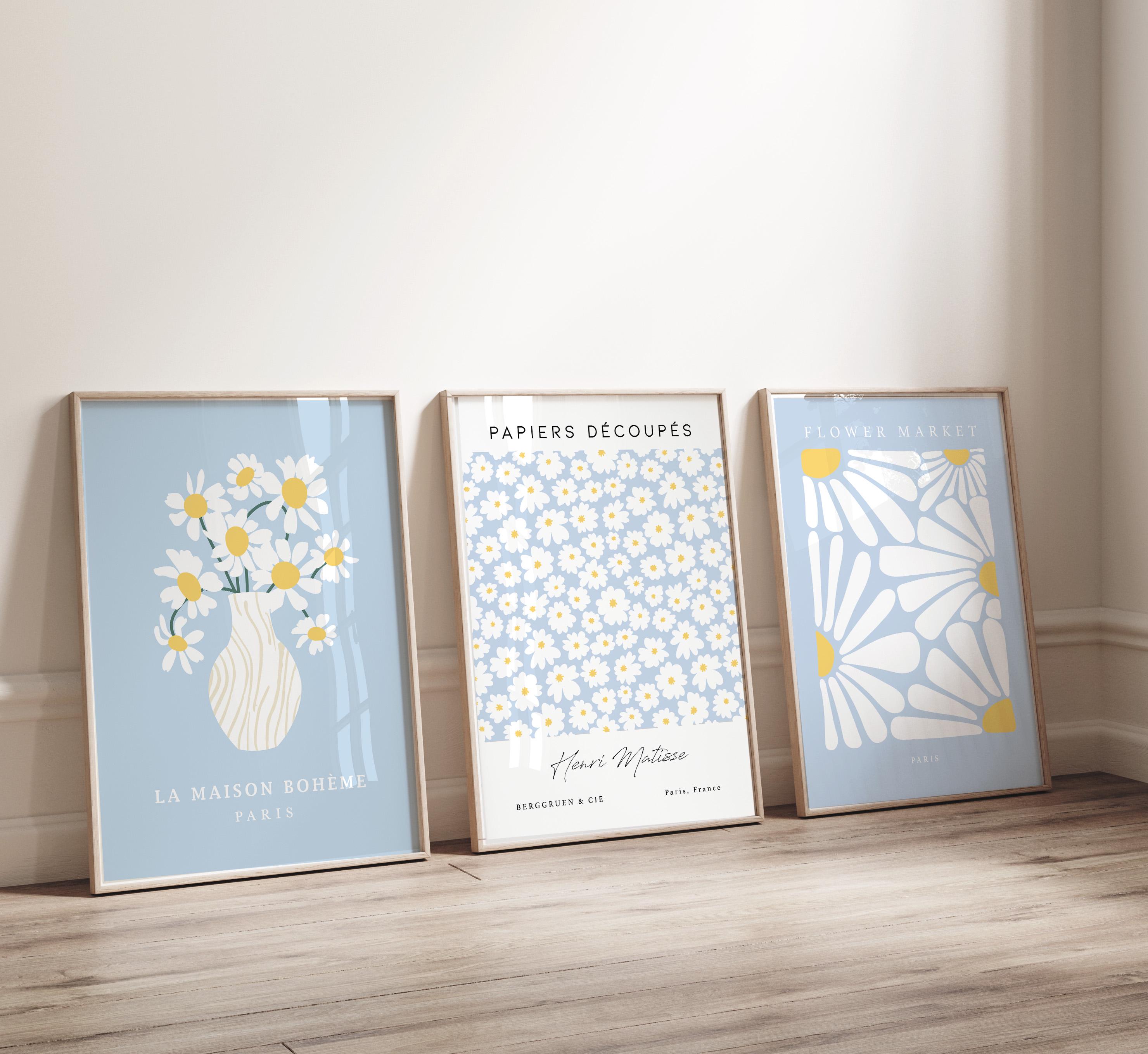 Light Blue Daisy Prints, 3 Set, Blue Wall Art, Modern Art Poster, Blue ...