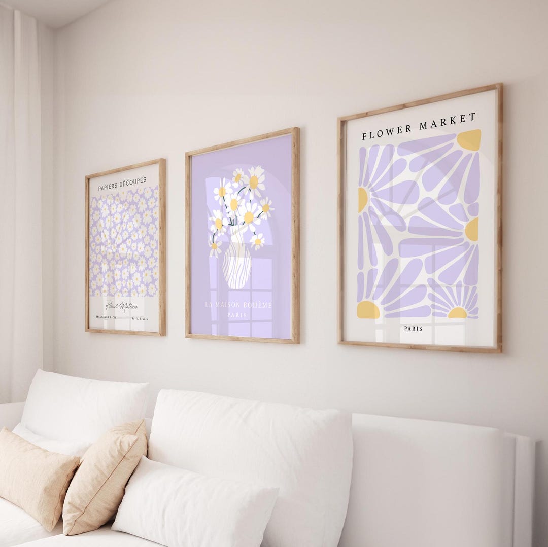 Light Purple Daisy Prints, 3 Set, Lilac Wall Art, Modern Art Poster ...