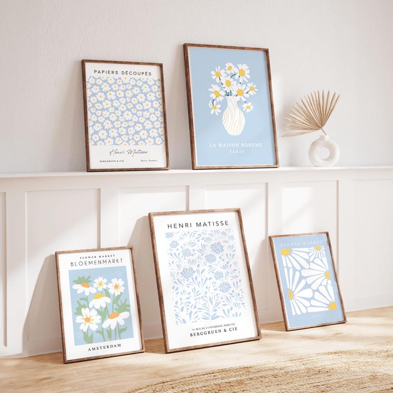 Blue Daisy Art Print Set of 5: Modern Floral Gallery Wall (digital ...
