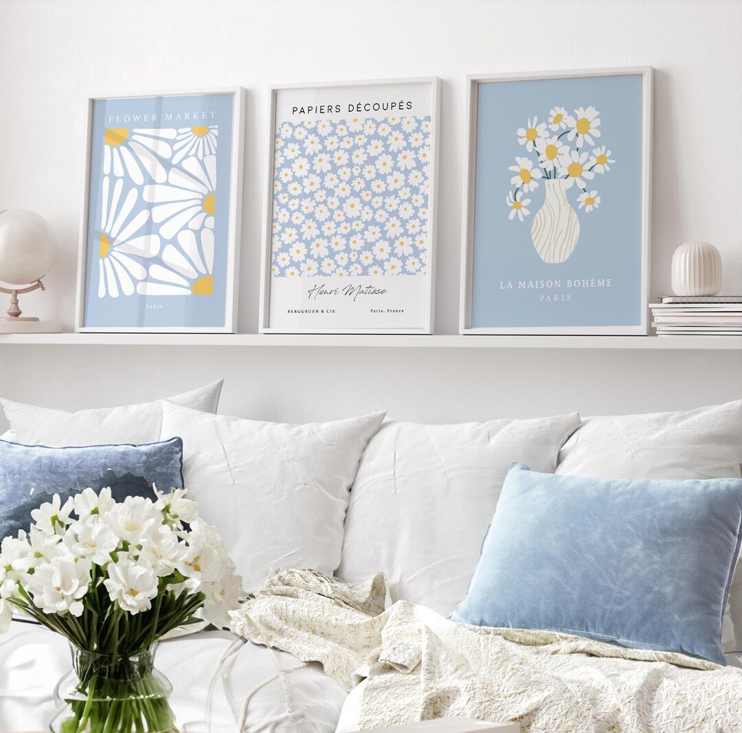 Light Blue Daisy Prints, 3 Set, Blue Wall Art, Modern Art Poster, Blue ...
