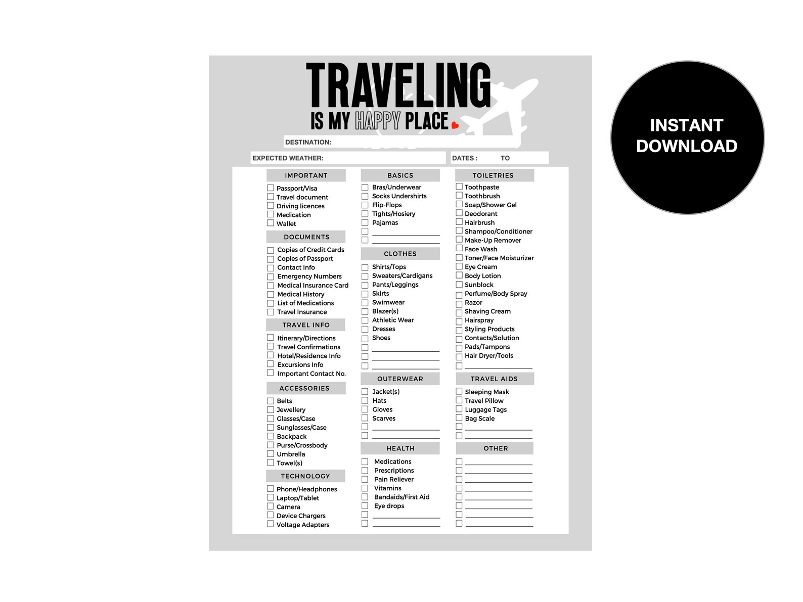Travel Packing List Printable - Letter Size - Use for Vacation, Cruises ...