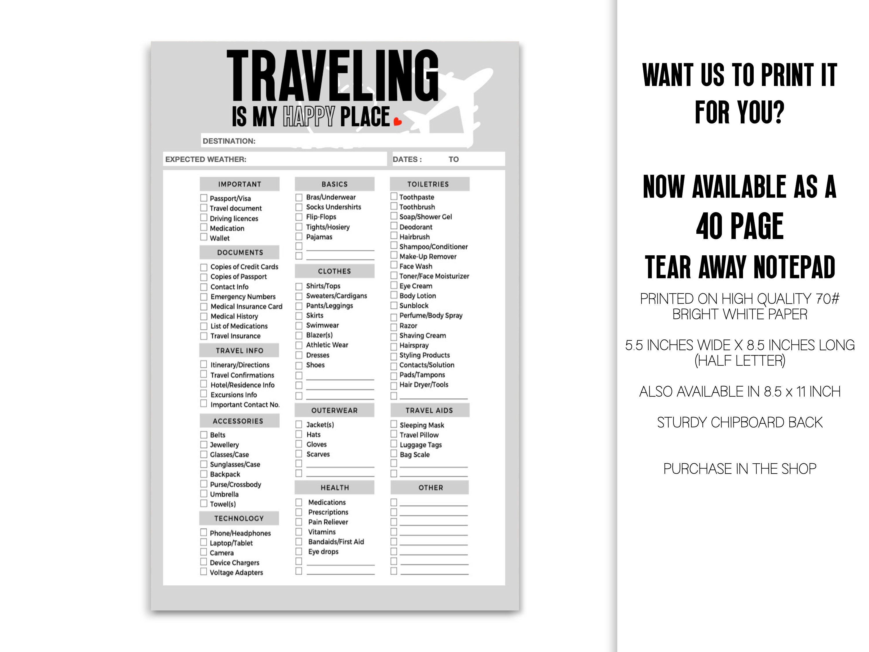 Travel Packing List Printable - Letter Size - Use for Vacation, Cruises ...