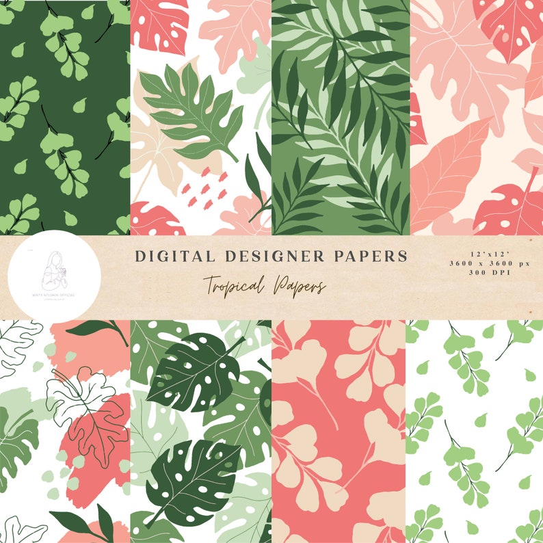 Tropical Leaves Digital Paper Pack of 8 Exotic Digital Paper Palm ...