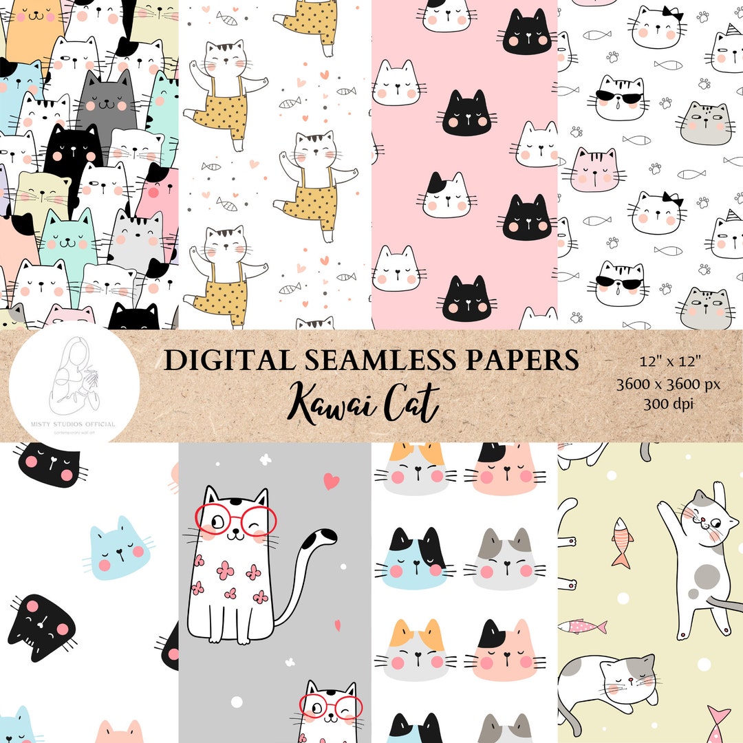 Kawaii Cat Seamless Pattern, Cat Digital Paper, Cat Fabric Design, Cat ...