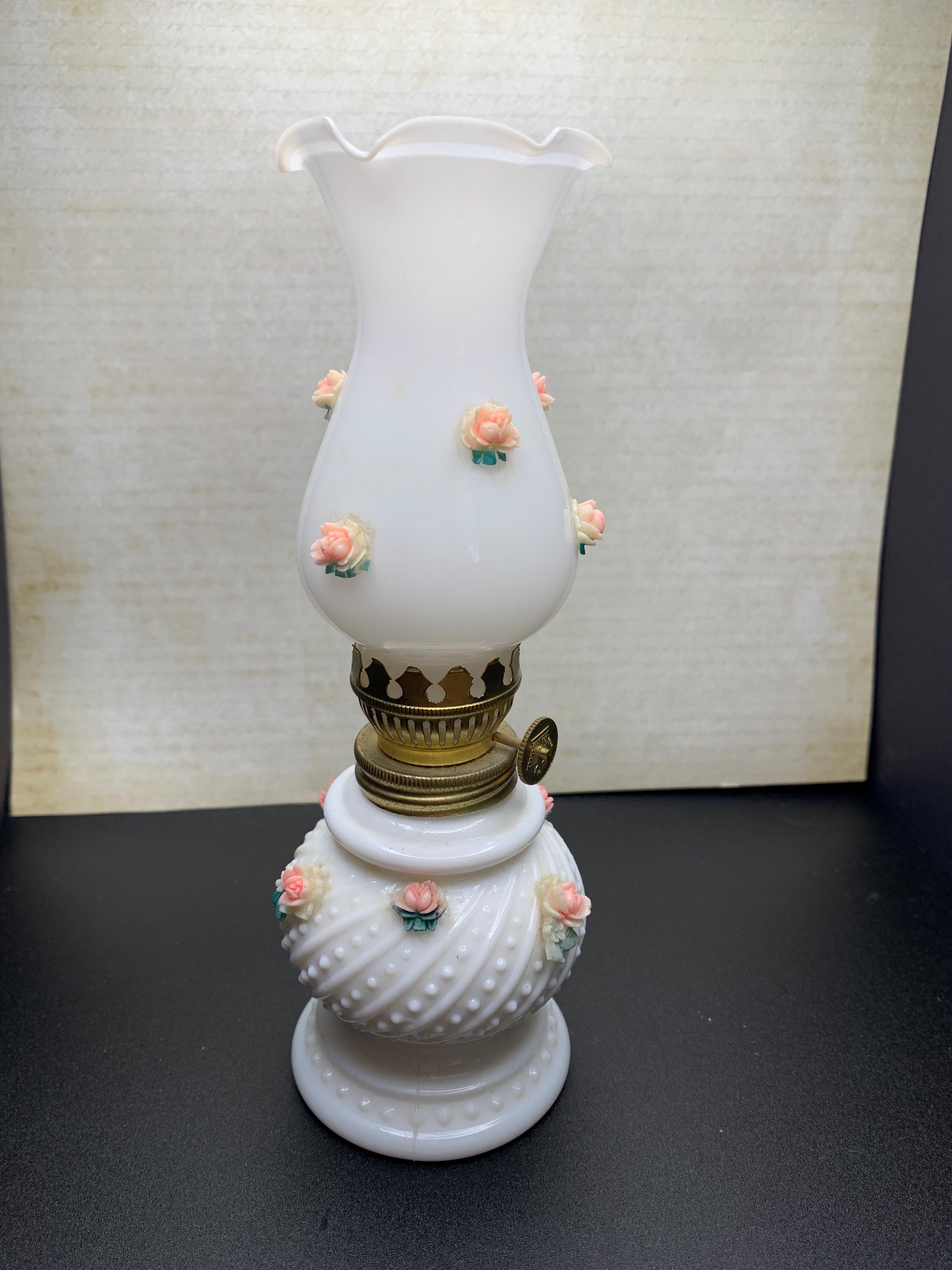 Vintage Miniature Milk Glass Oil Lamp With Flowers Hobnail Oil Lamp ...