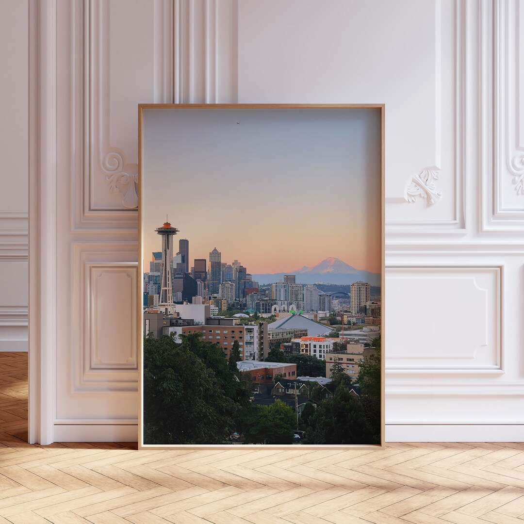 Seattle Skyline Sunset, Washington Seattle Skyline Poster Cityscape ...