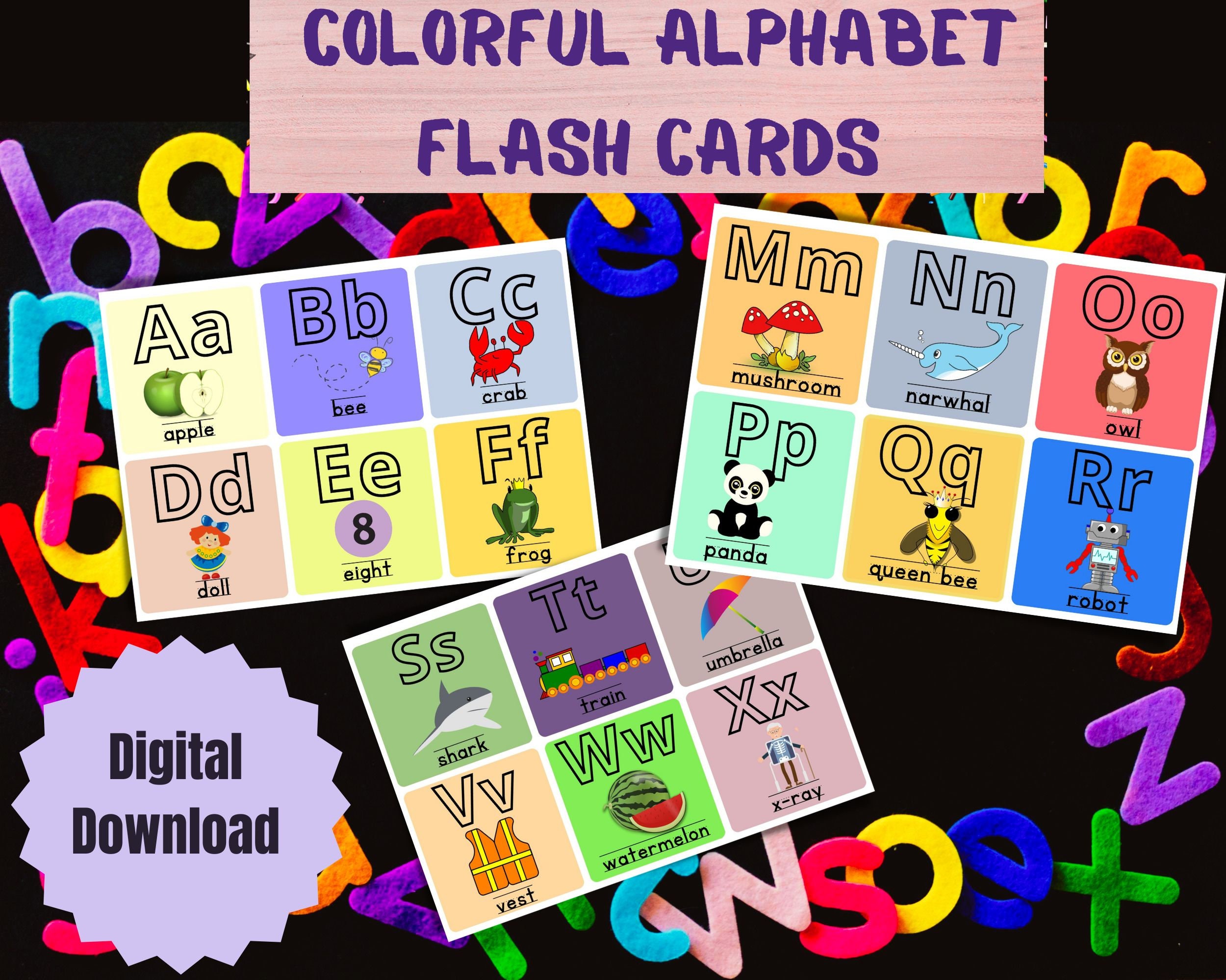 COLORFUL Printable ALPHABET Flash Cards/alphabet Posters/abc Posters ...