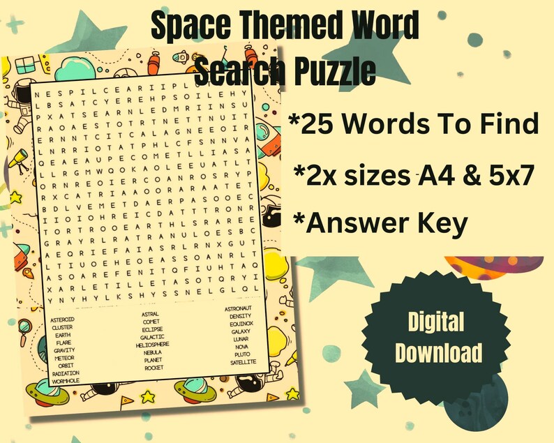 Space Themed Word Search,birthday Activity, Kids Worksheets, Word ...