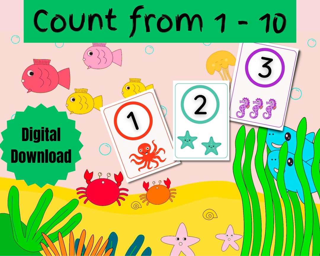 UNDER THE SEA 10 Number Cards, Preschool Counting Flash Cards, Count ...