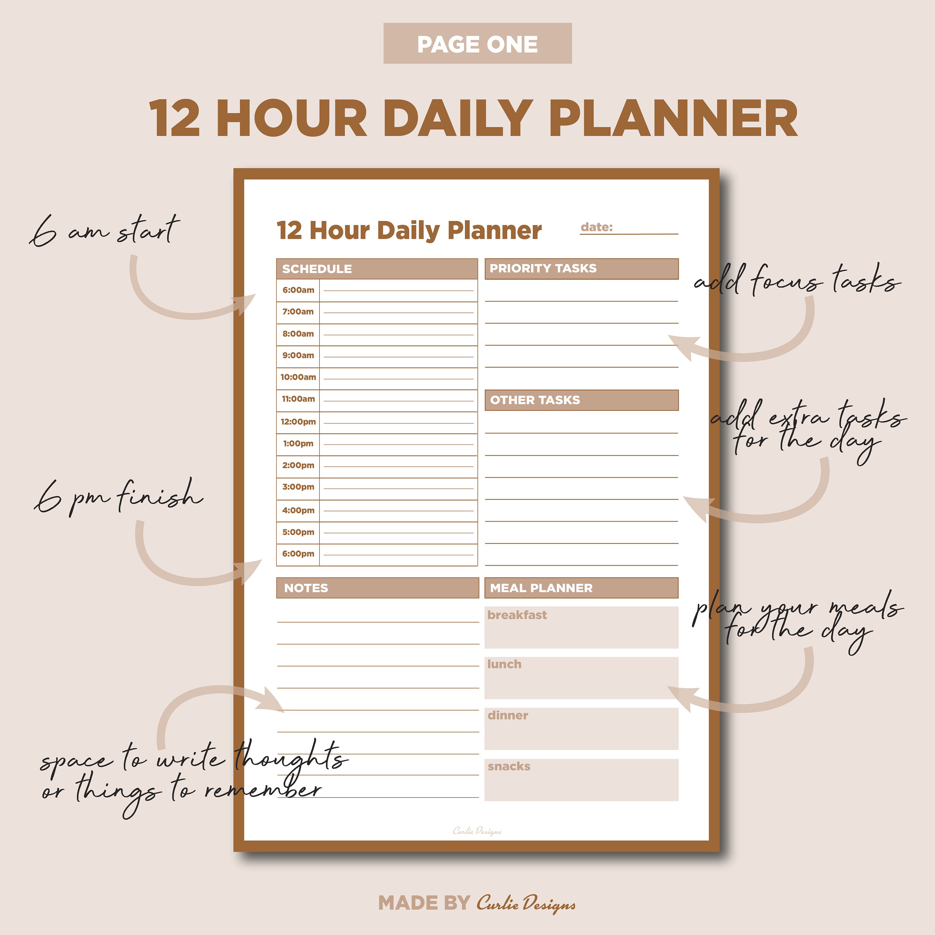 12 Hour Daily Planner Printable Productivity Planner - Etsy