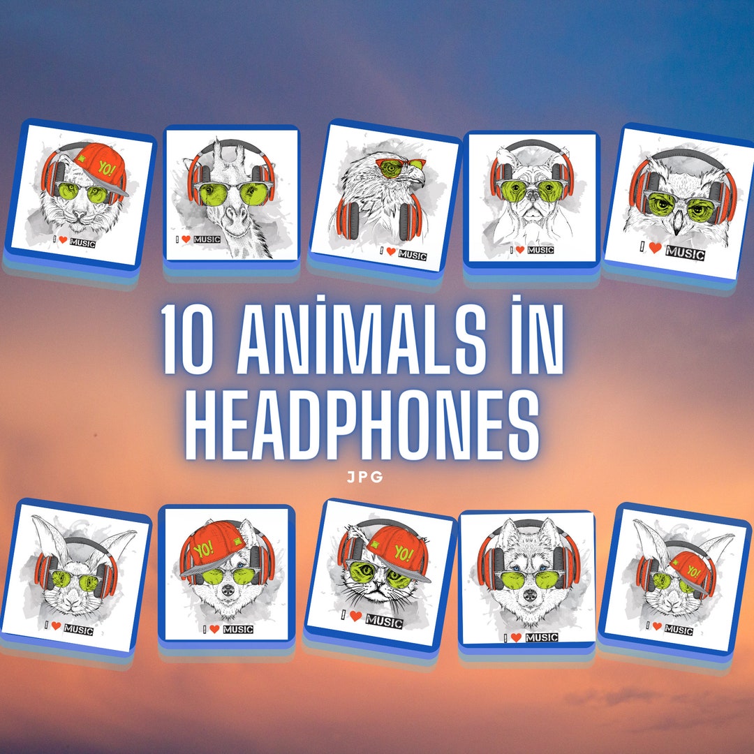 Animals in Headphone, Animal Graphics, Funny Animal Clipart, Digital ...