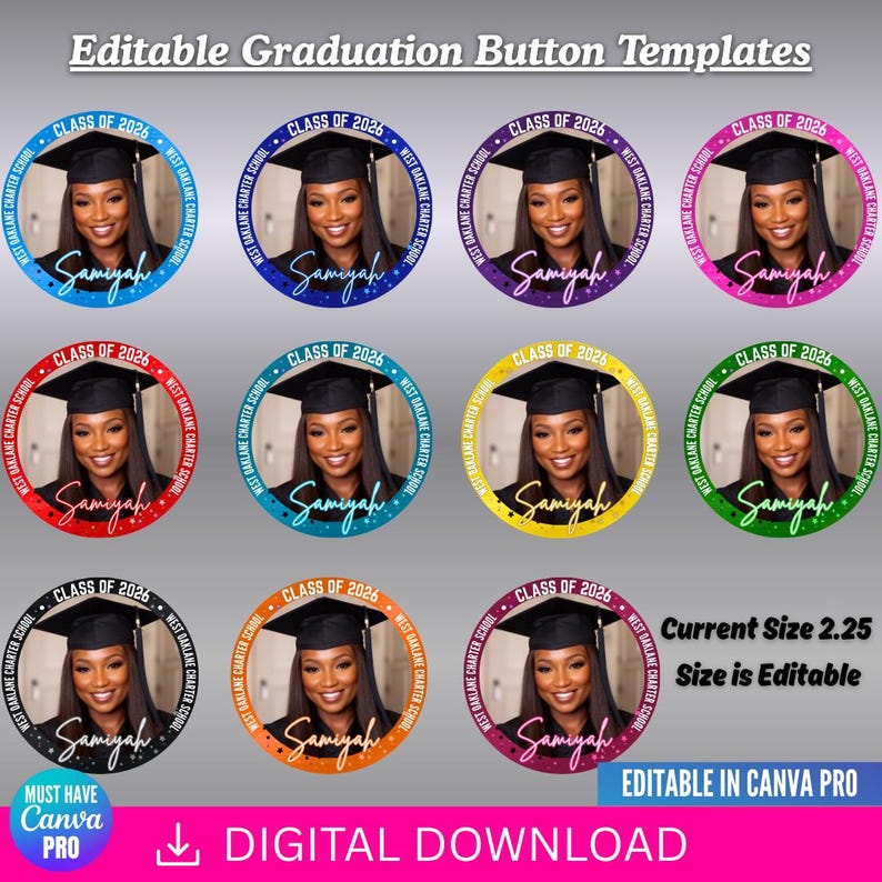 Editable Graduation Button Templates, Class of 2026, DIY Grad Pin ...