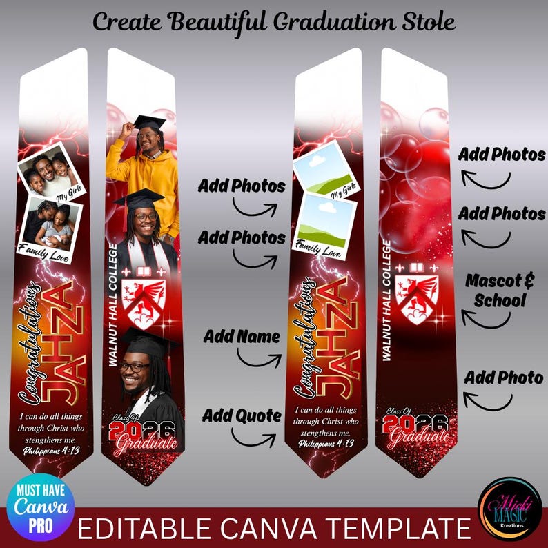 Editable Graduation Stole Canva Template, Class of 2026 Sash, Red Gold ...