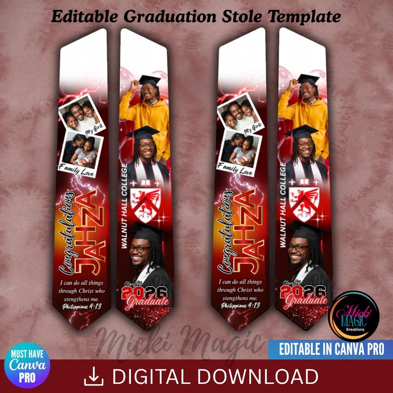 Editable Graduation Stole Canva Template, Class of 2026 Sash, Red Gold ...