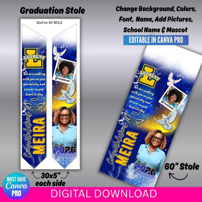 Graduation Stole Canva Editable Template, Memorial Grad Stole, (class ...