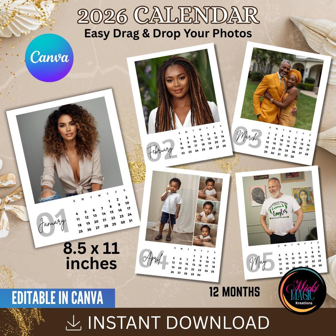 2026 Calendar, Canva Editable Drag and Drop Picture Template, Custom ...