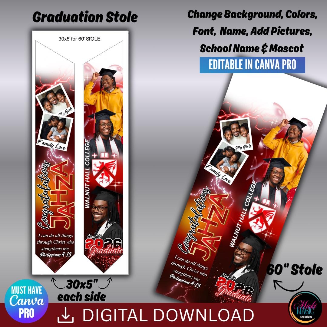 Editable Graduation Stole Canva Template, Class of 2026 Sash, Red Gold ...