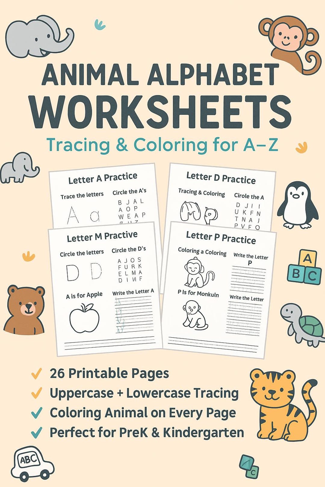 Animal Alphabet Tracing & Coloring Worksheets - Etsy