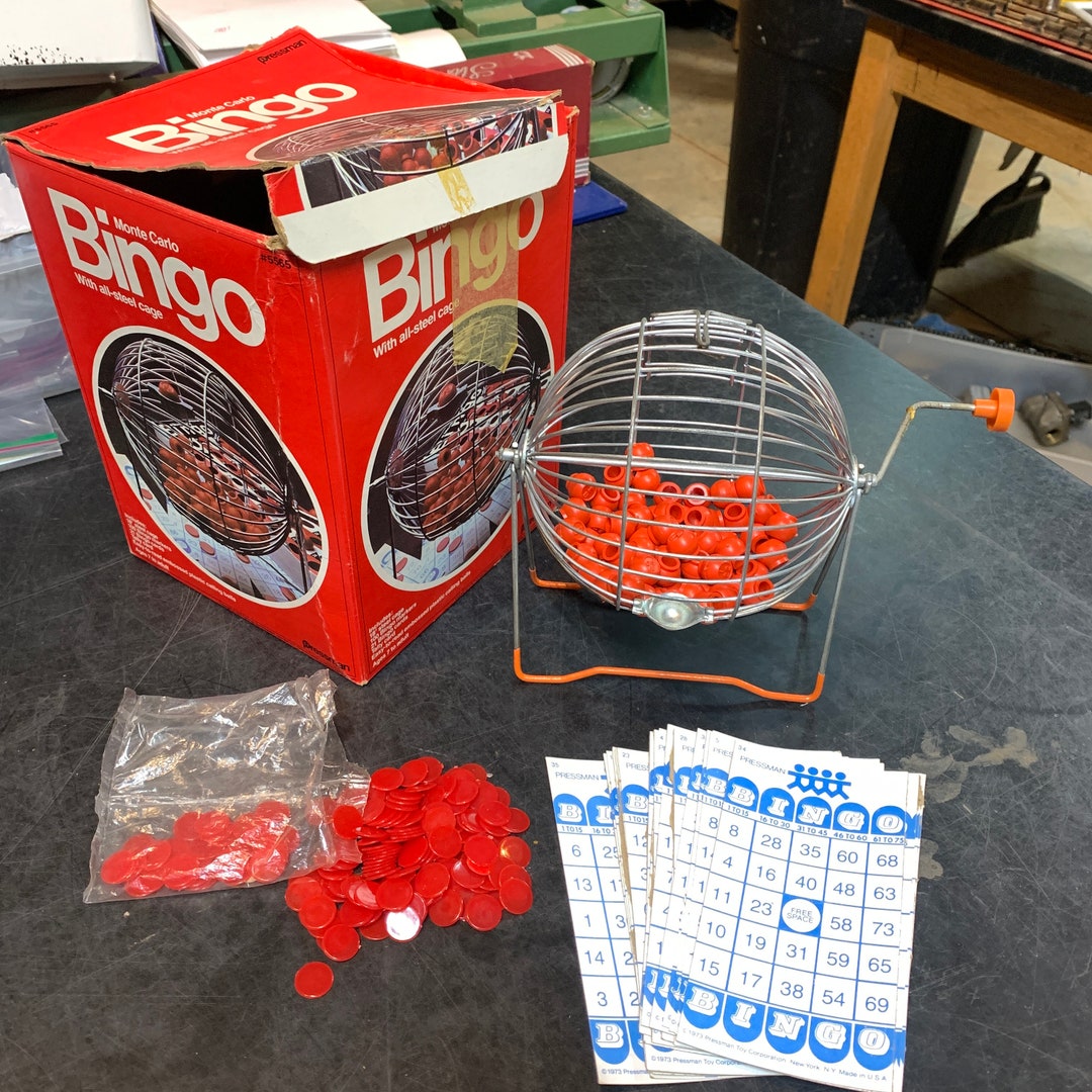 Vintage Deluxe Pressman Bingo Set - Metal Cage, Markers, Cards ...