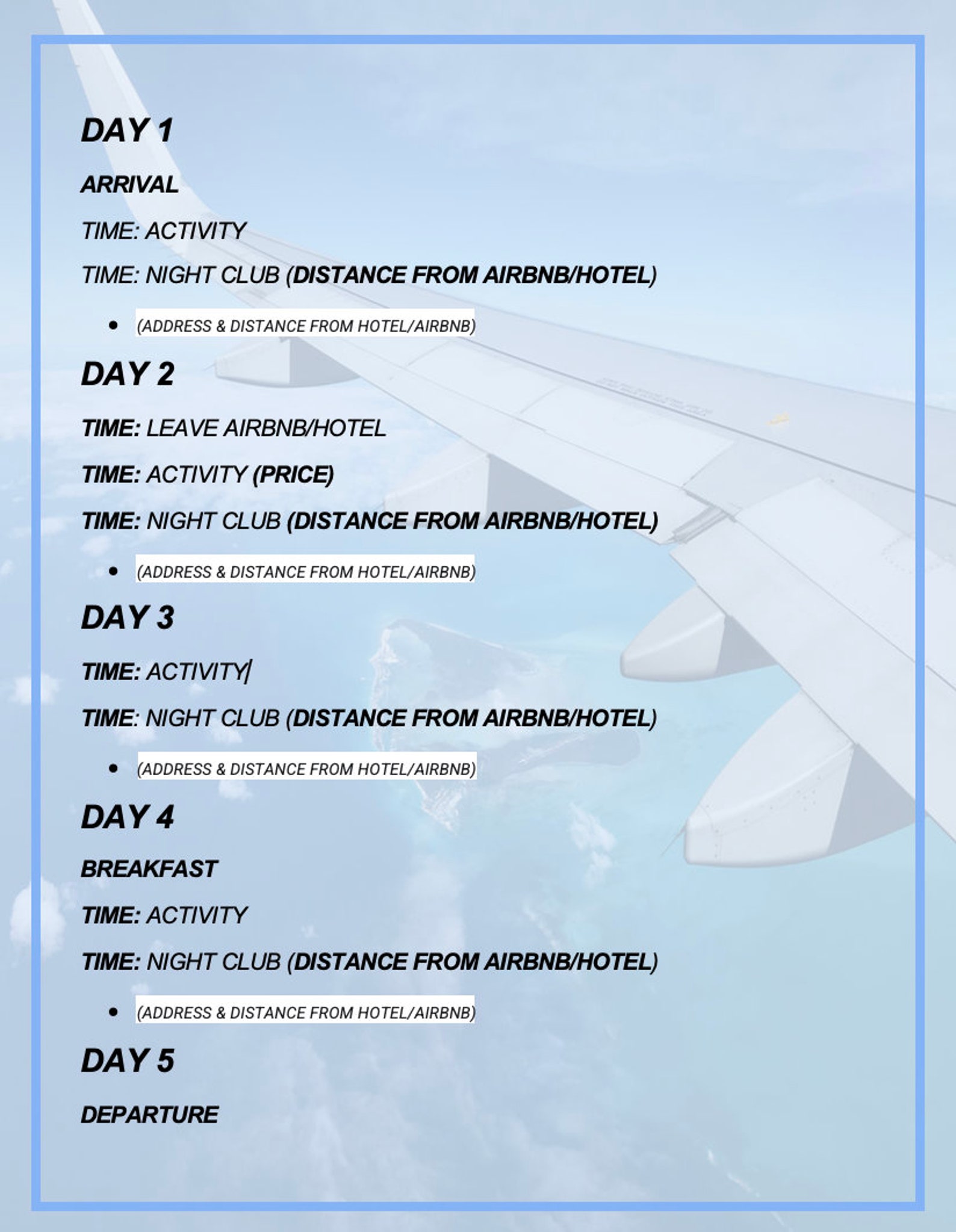 Sample Travel Itinerary Printable Itinerary Instant - Etsy